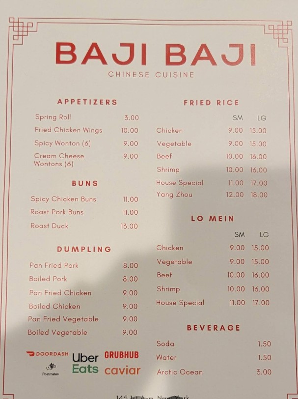 Baji Baji Restaurant Menu – Authentic Chinese Comfort Food in New York City